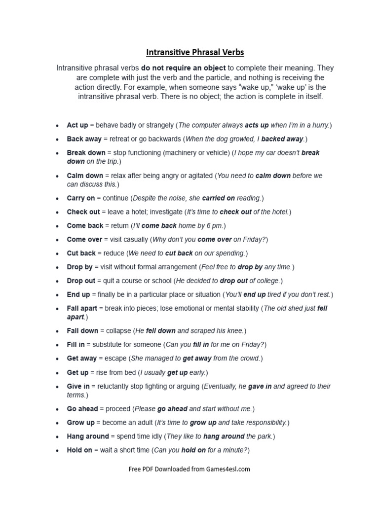 Phrasal Verb Examples Intransitive Phrasal Verbs | PDF