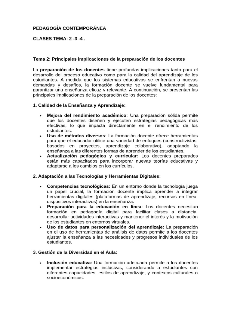 Pedagogía Contemporánea Tema 2-3-4 Unida 1 | PDF | Enseñando | Maestros