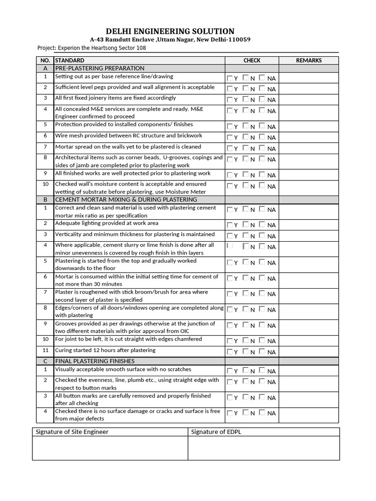 Checklist1301 - Plastering Work | PDF | Mortar (Masonry) | Plaster