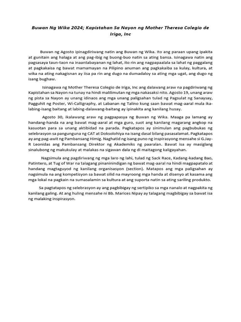 Buwan NG Wika 2024 Narrative Report PDF | PDF