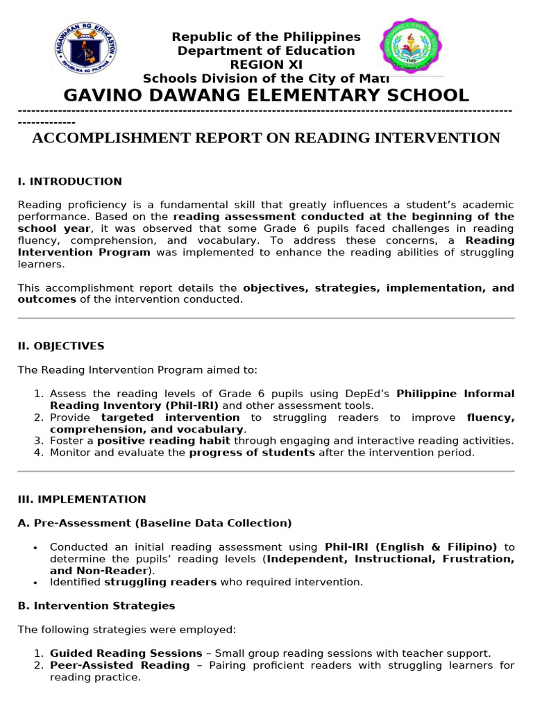 Accomplishment Report On Reading Intervention | PDF | Reading ...