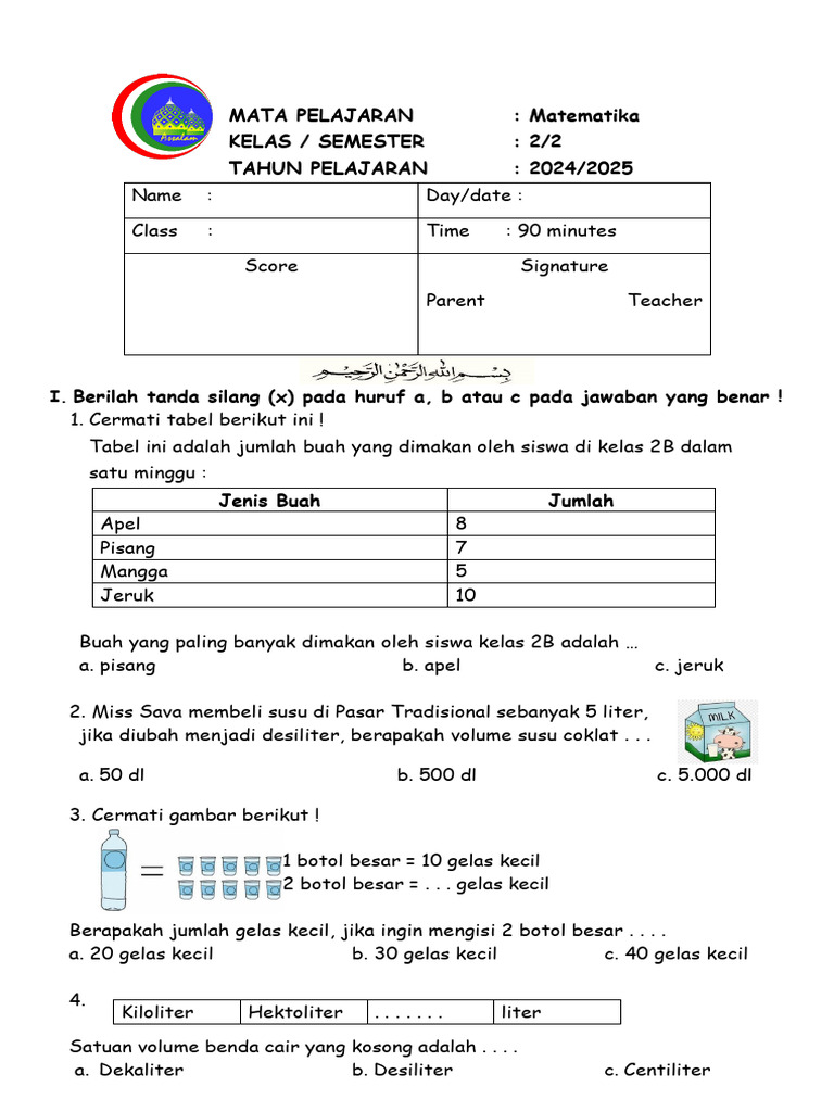Soal Sts Matematika Term 2 Grade 2 2024-2025 | PDF