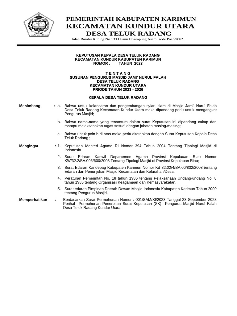 SK Susunan Pengurus Surau an-NUR 2022-2025 KP Lalang | PDF