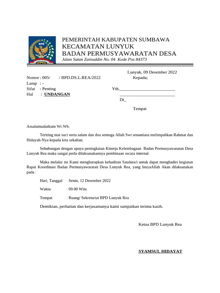 Undangan Rapat Koordinasi BPD Lunyuk | PDF