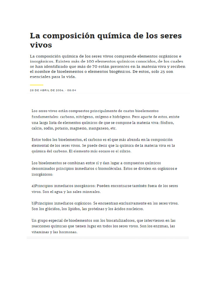 Teoria Sobre Composicion Química de Los Seres Vivos. | PDF