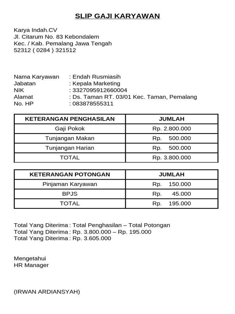 Slip Gaji Karyawan Endah Rusmiasih | PDF