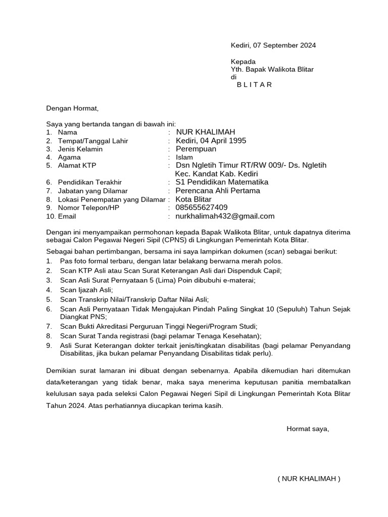 Lamaran CPNS Nur Khalimah Blitar 2024 | PDF