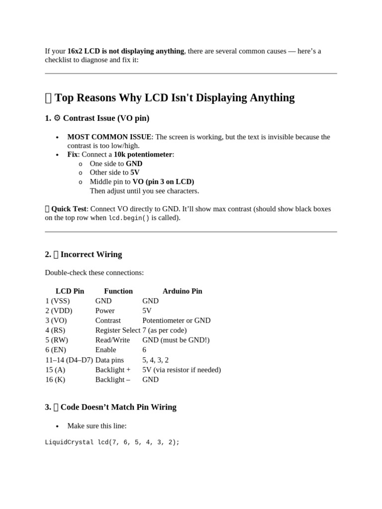 Top Reasons Why LCD Isn't Displaying Anything: 1. Contrast Issue (VO ...