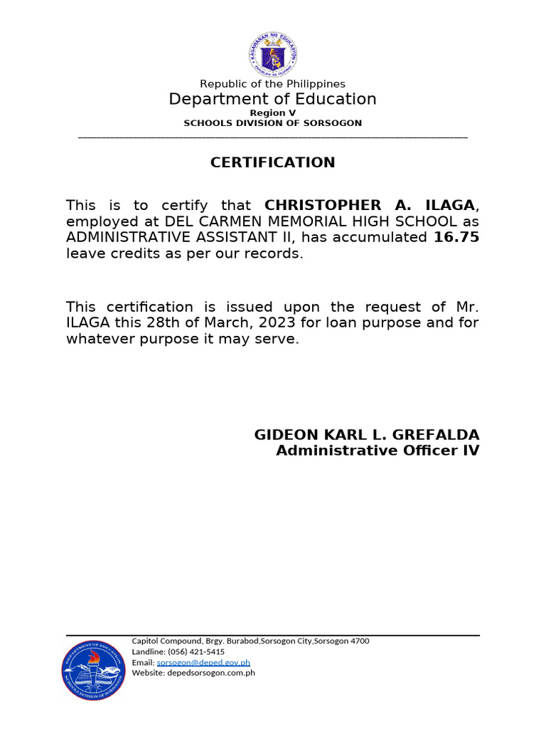 Certificate of Leave Credits Sample | PDF