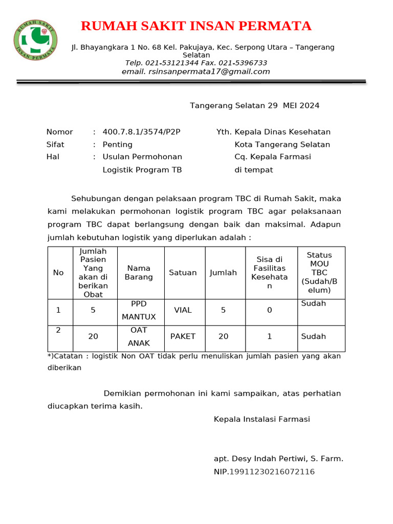 Surat Permintaan Obat Vaksin PPD September 2022 | PDF
