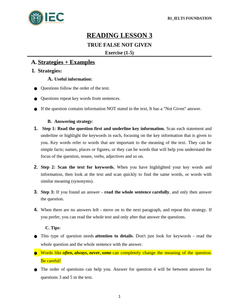 IELTS True/False Reading Strategies | PDF | English Language | Breads
