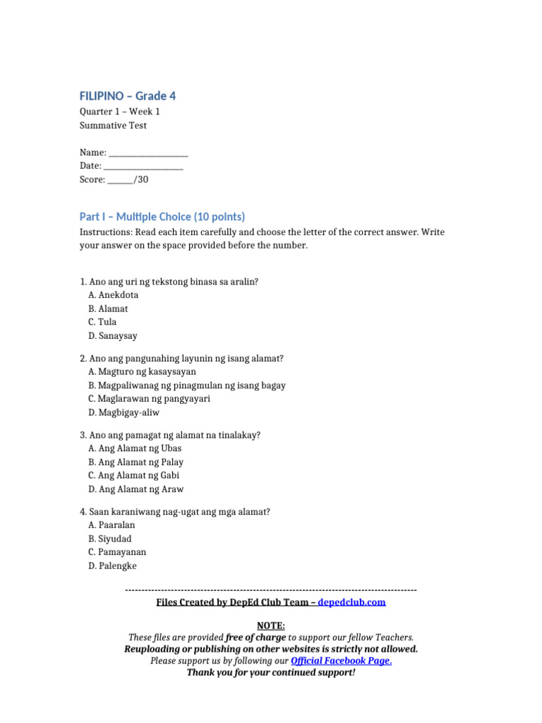 Summative Test Filipino 4 | PDF