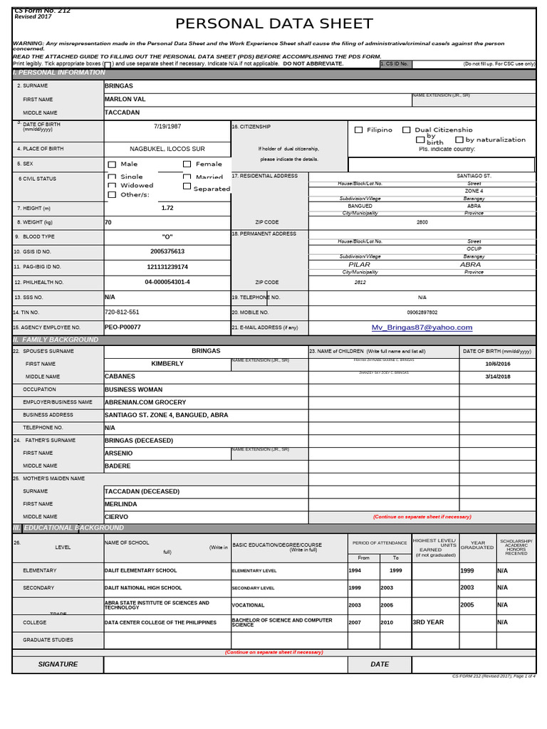 Personal Data Sheet Template | PDF | Government | Justice
