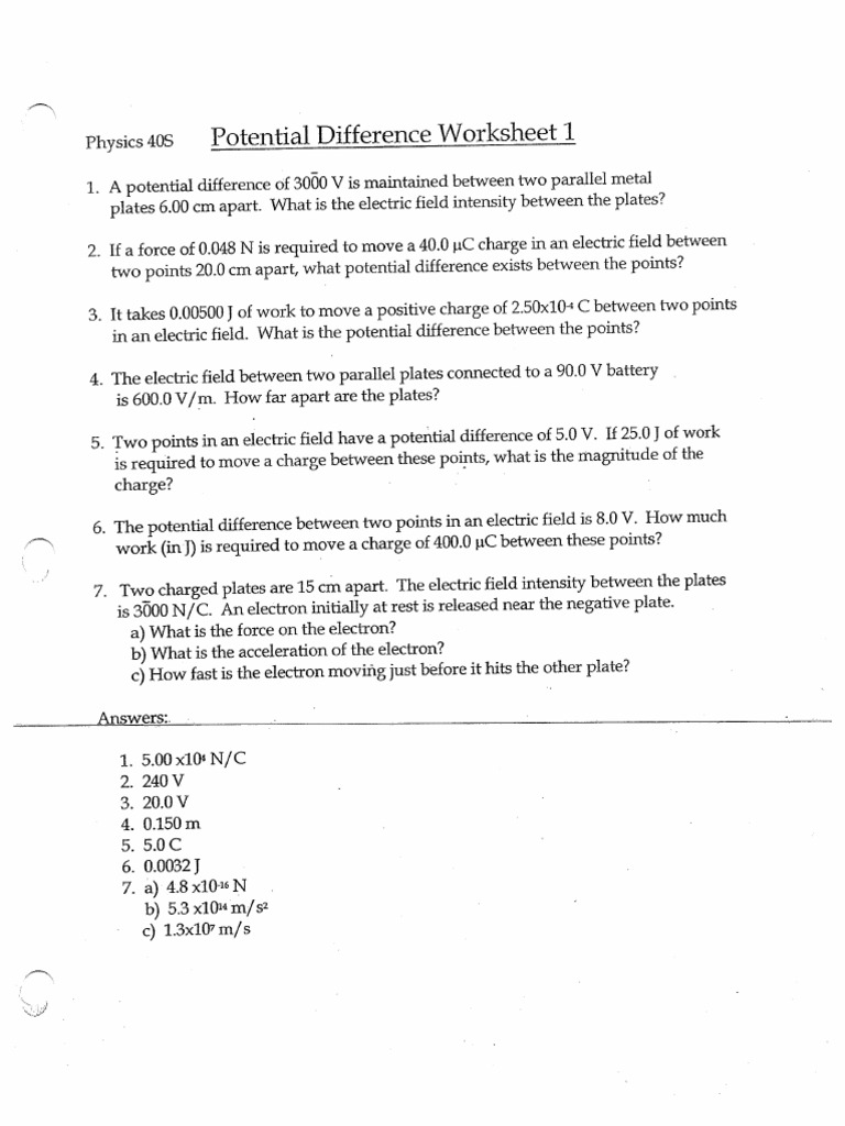 Potential Difference Worksheet 1 | PDF