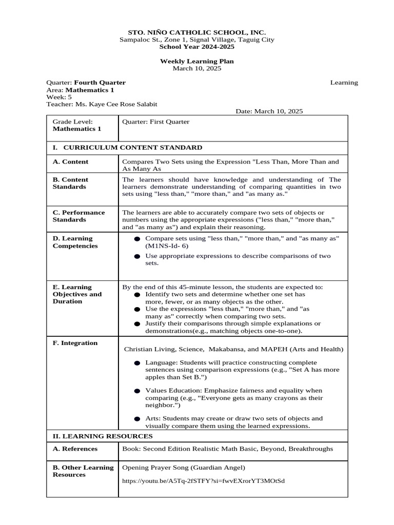 Math 1 Weekly Learning Plan: Comparing Sets | PDF | Education Theory ...