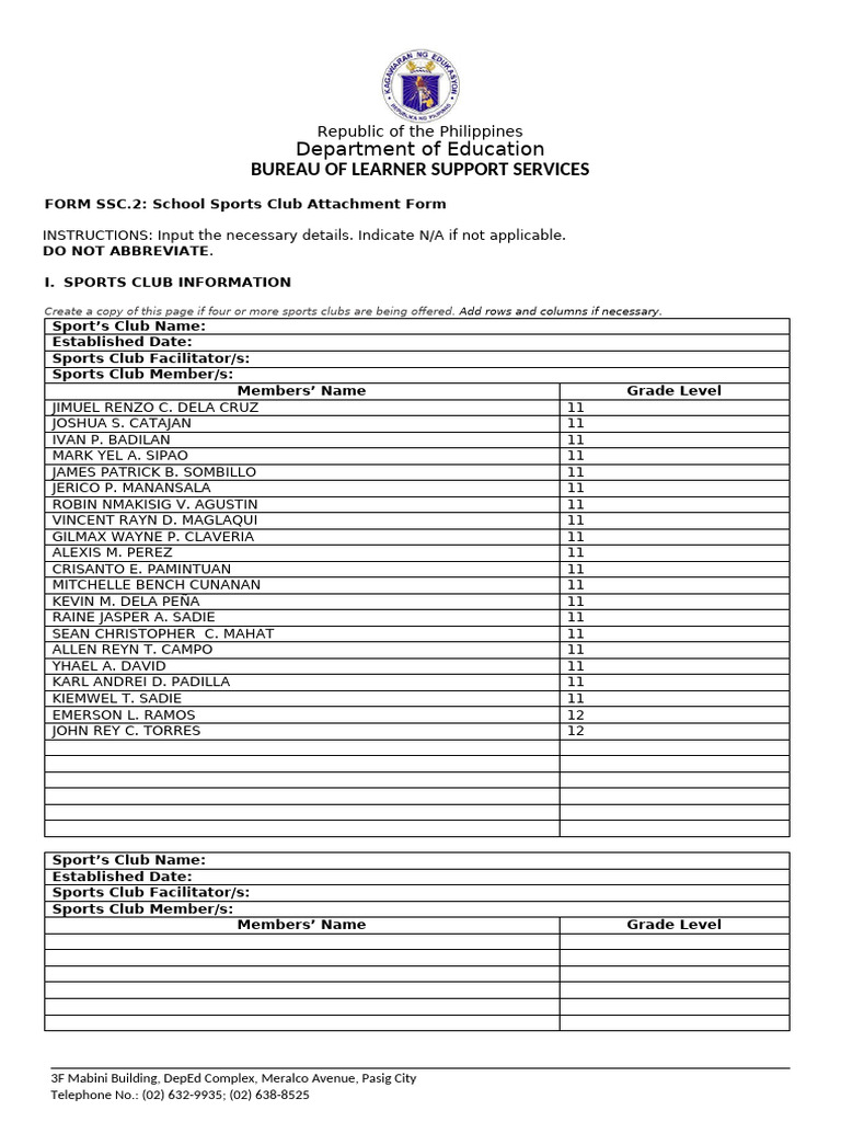 FORM SSC.2 School Sports Club Attachment Form v2 | PDF | Sports