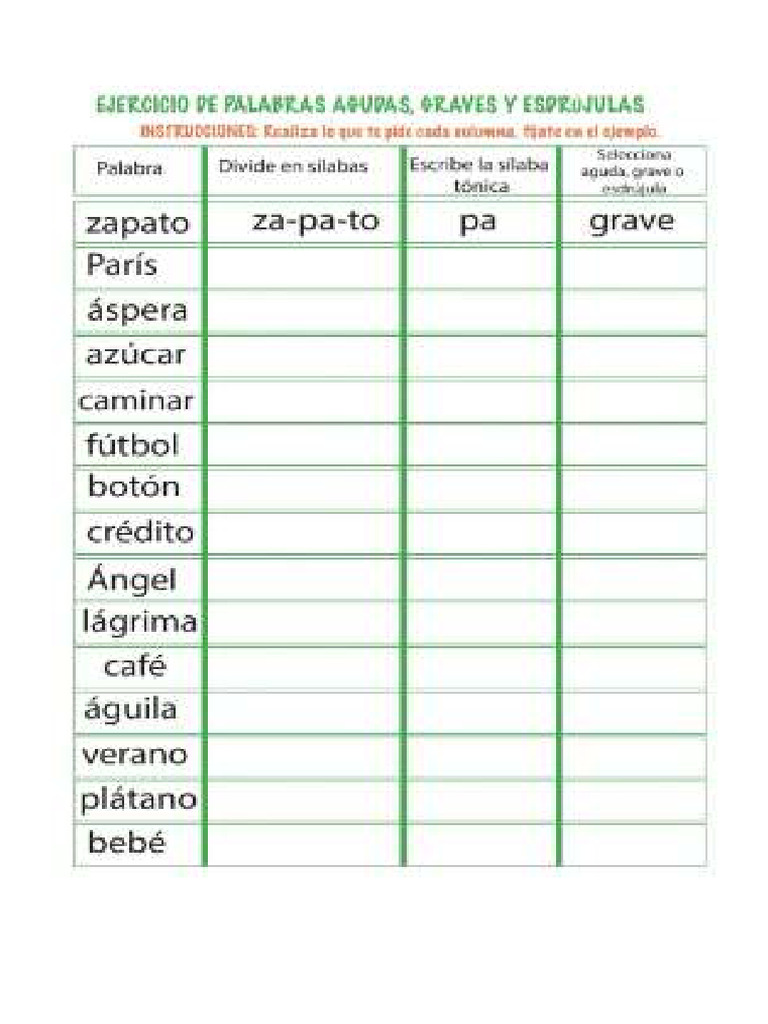 Ficha Palabras Agudas, Graves y Esdrujulas | PDF