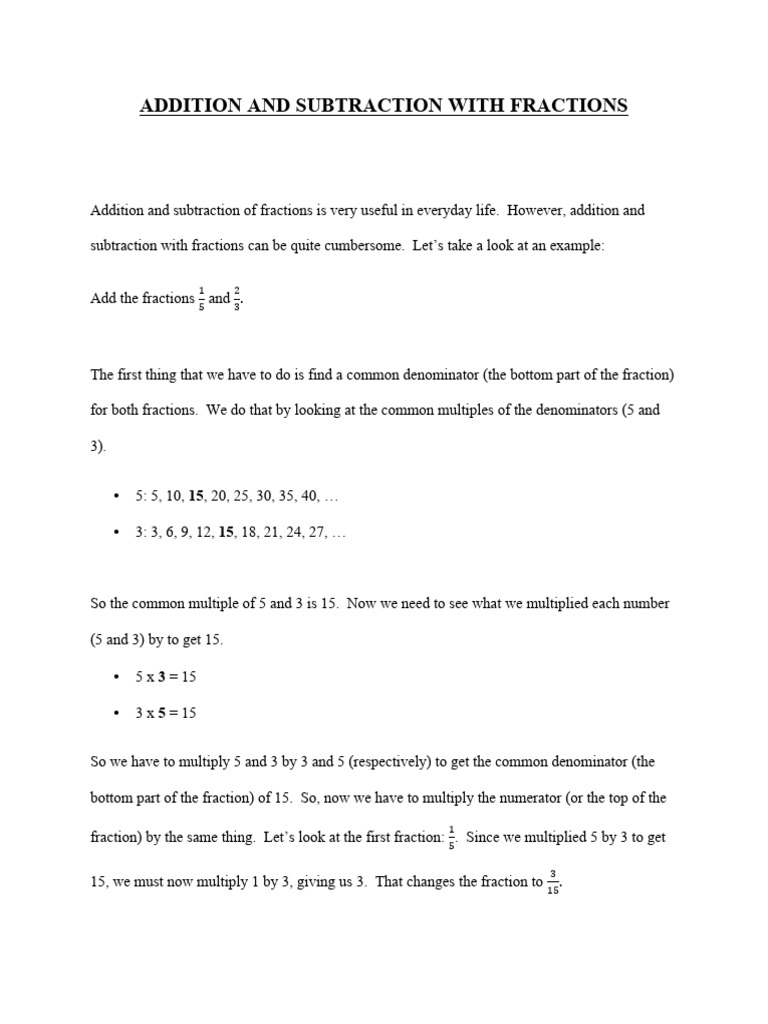 Fractions Addition Subtraction Multiplication Division | PDF ...