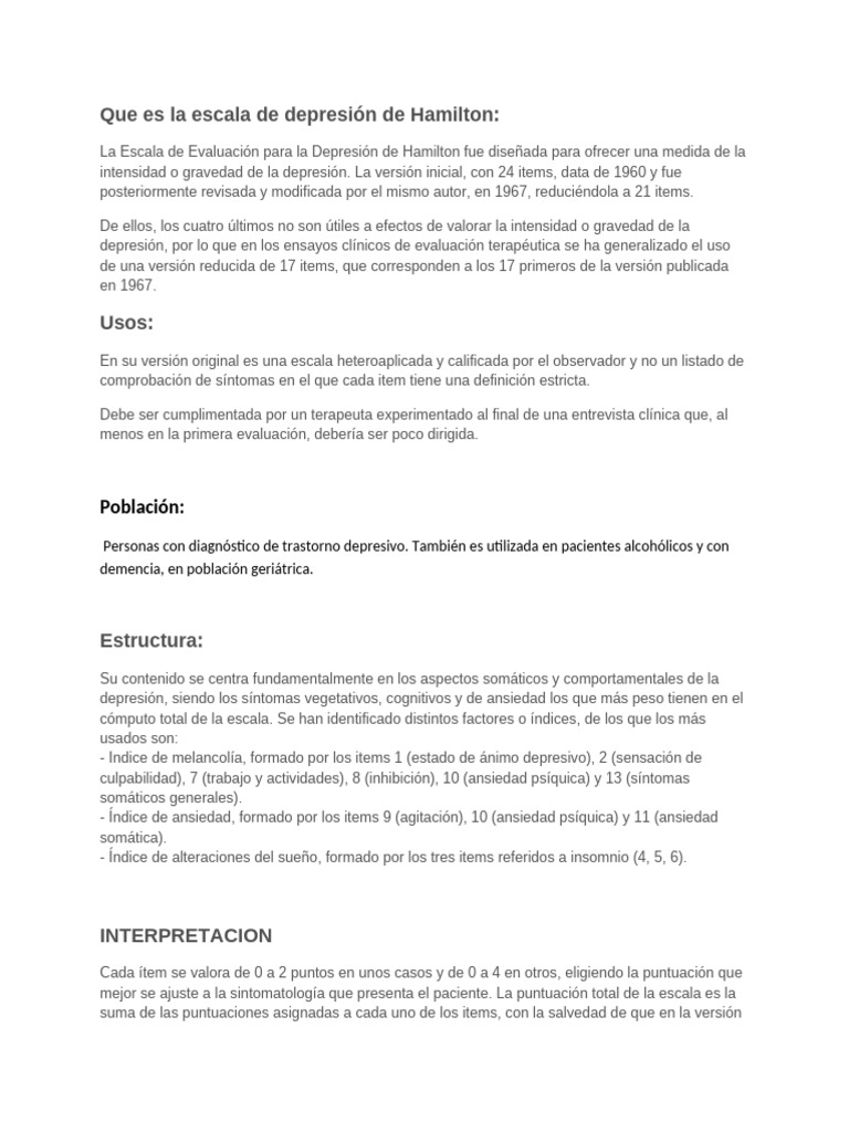 Escala Hamilton | PDF | Trastorno depresivo mayor | Ansiedad