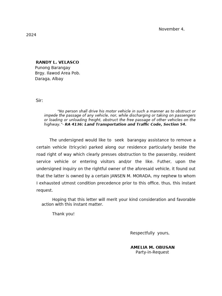 Request for Vehicle Removal Assistance | PDF