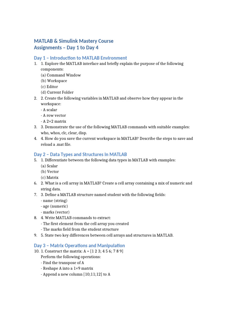 MATLAB Assignments Day1 To Day4 | PDF