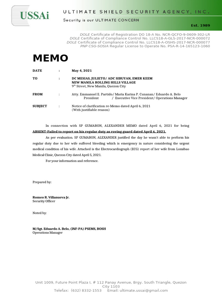 Memo Absent Justifiable Explanation RH | PDF