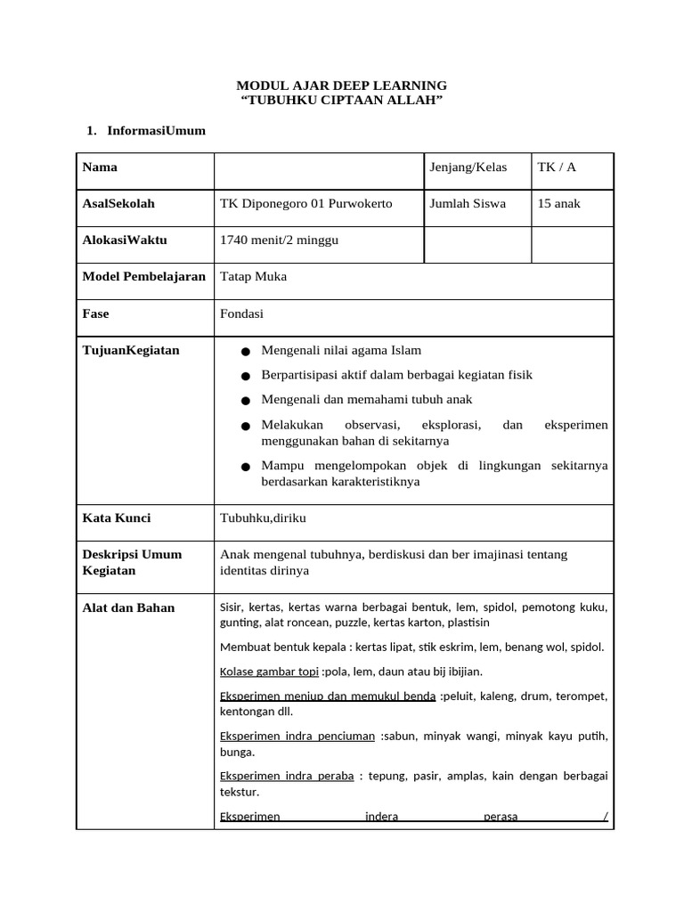 Modul Ajar Tubuhku Ciptaan Allah TK Dip 1 | PDF