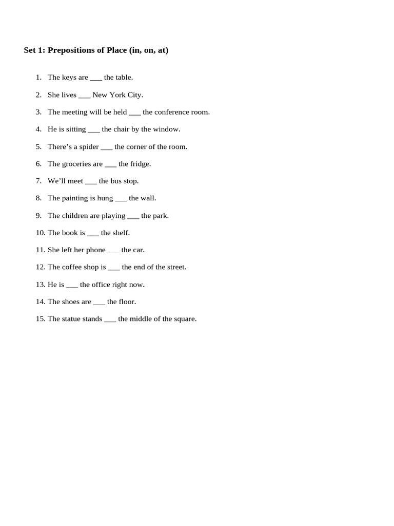 Set 1 - Prepositions of Place (In, On, At) | PDF