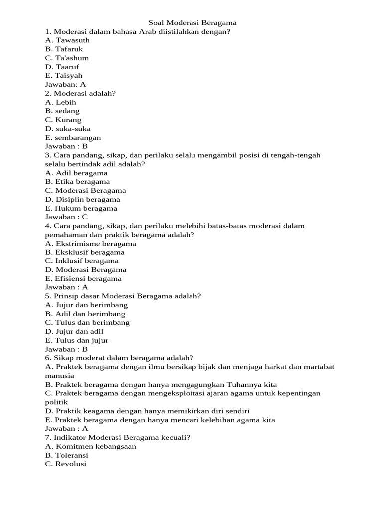 Soal dan Indikator Moderasi Beragama | PDF