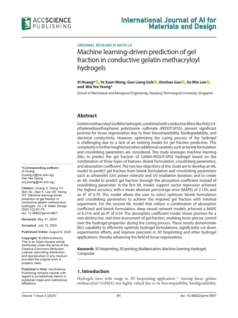 Machine Learning-Driven Prediction of Gel Fraction in Conductive Gelatin Methacryloyl Hydrogels ...