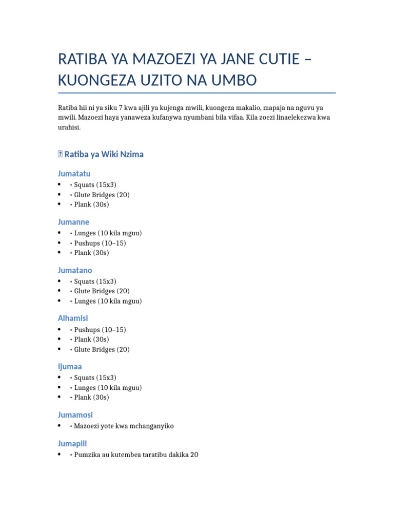 Ratiba Ya Mazoezi Jane Cutie | PDF
