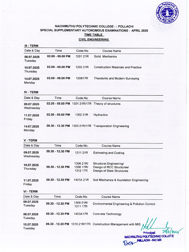 Special Supplementary Exam Time Table July 2025 | PDF