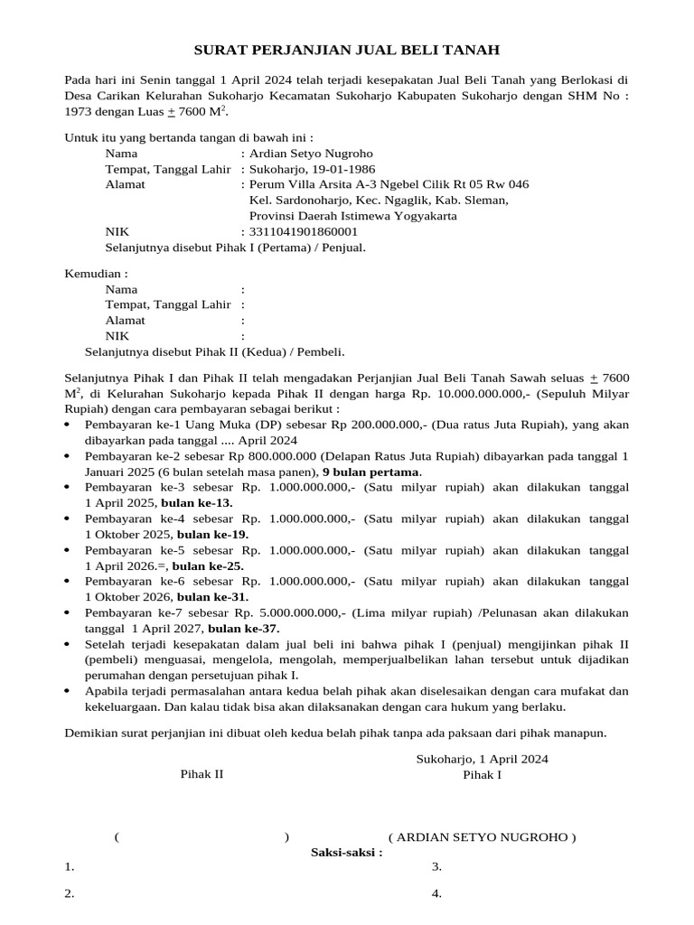 SURAT PERJANJIAN JUAL-BELI TANAH Bertahap | PDF