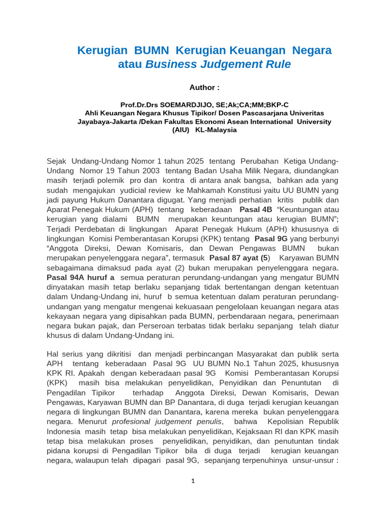 Kerugian Bumn Kerugian Keuangan Negara Atau BJR | PDF