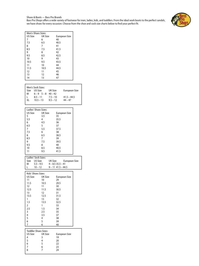 Bass Pro Footwear Size Guide | PDF