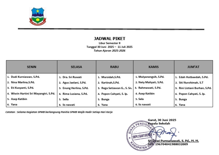 Jadwal Piket Libur SEMESTER 2 2024-2025 | PDF