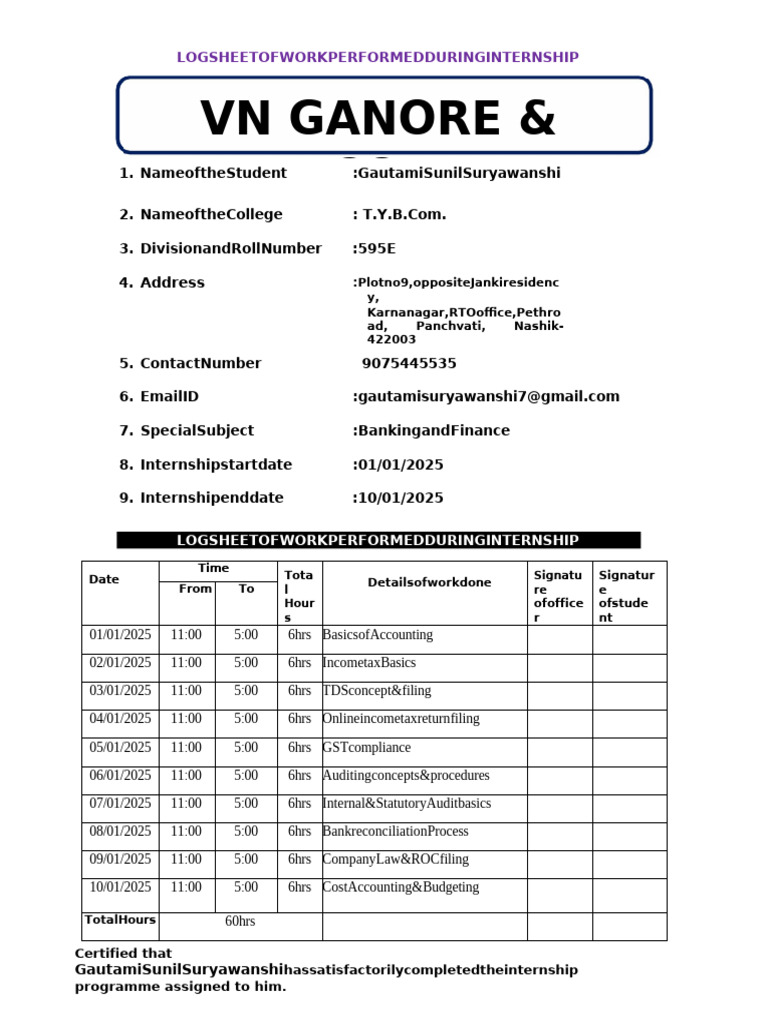 Log Sheet of Work Performed During Internship (Gautami) | PDF