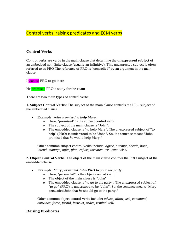 Control Verbs, Raising Predicates and Ecm Verbs | PDF | Clause ...