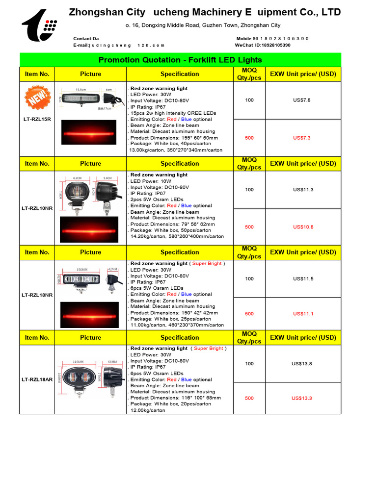 Forklift LED Warning Lights Quotation | PDF | Light Emitting Diode | Color