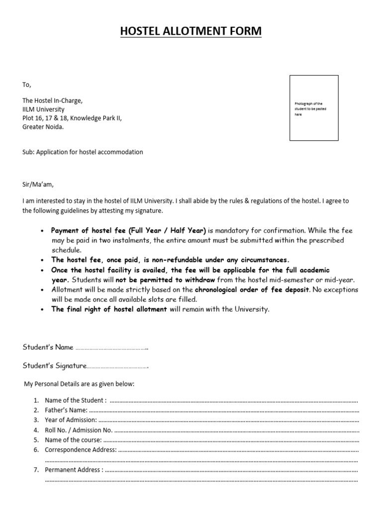Hostel Allotment Application Form | PDF