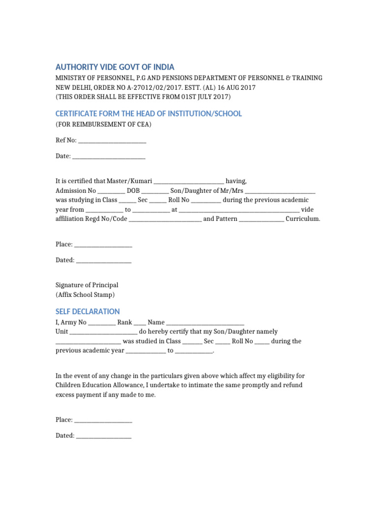 CEA Reimbursement Certificate | PDF