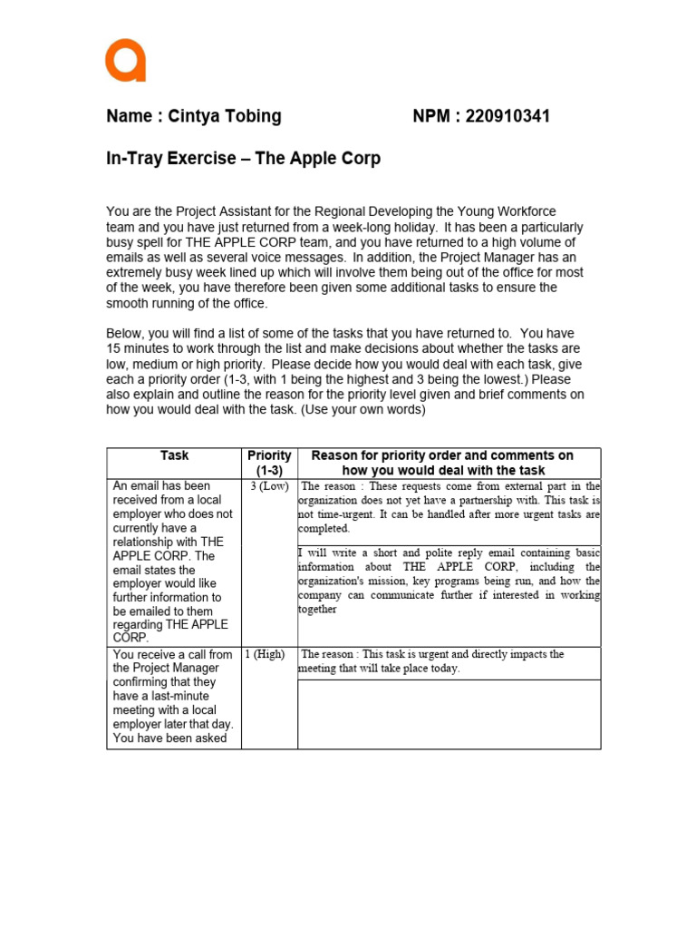 Cintya Tobing Homework In-Tray Exercise | PDF