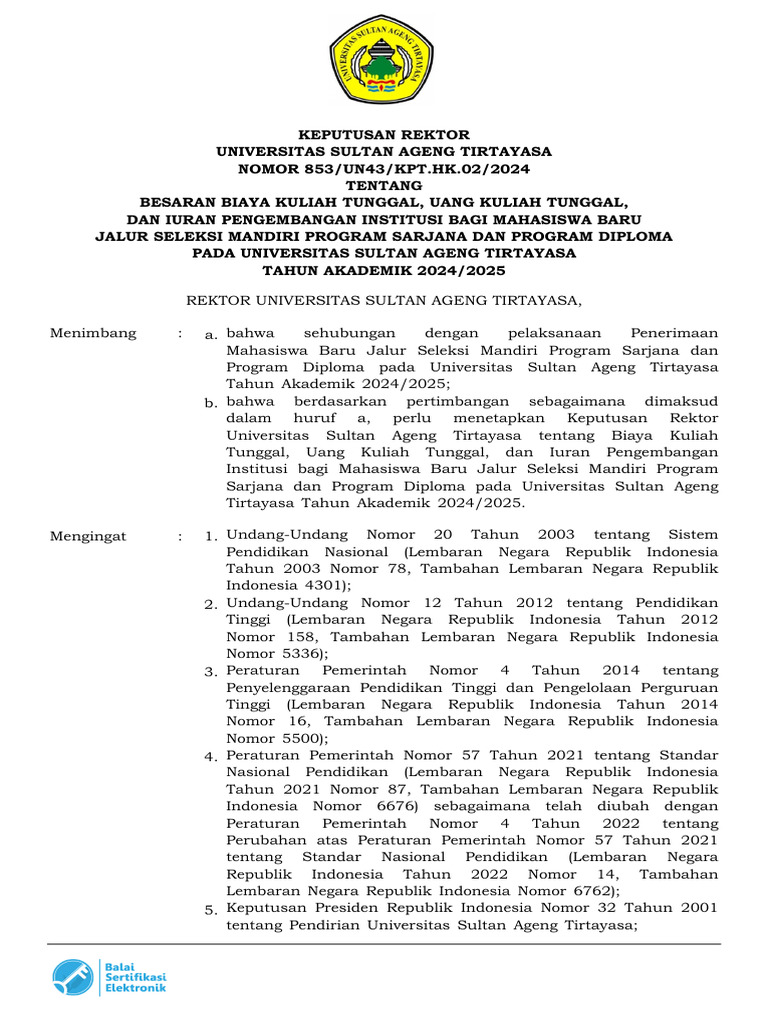 SK Besaran BKT, Ukt, Dan Ipi Jalur Seleksi Mandiri Prog. s1 Dan d3 PD Untirta T.A. 2024-2025 | PDF