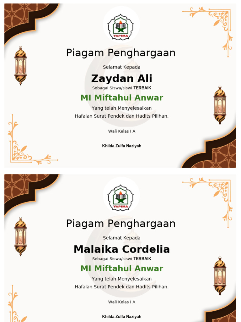 Piagam Tahfizh 1 A | PDF