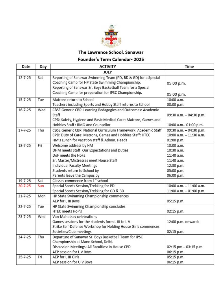 Sanawar Founders School Calendar 2025 | PDF