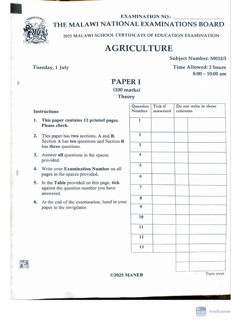 2025 Agriculture MANEB | PDF