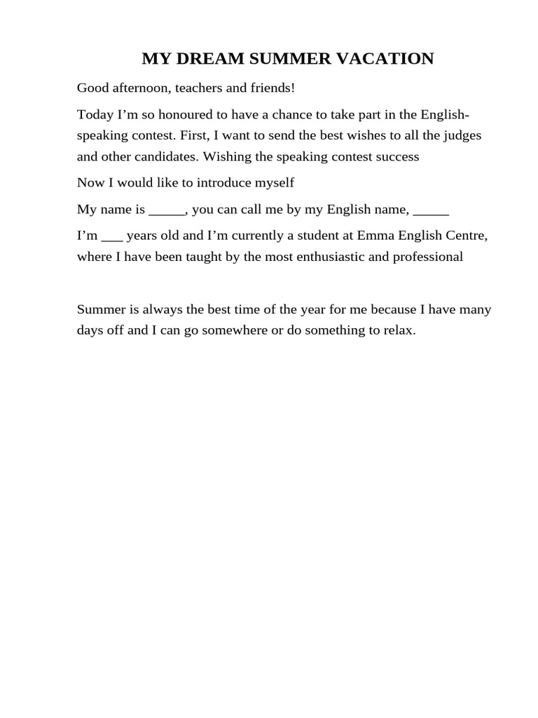My Dream Summer Vacation | PDF