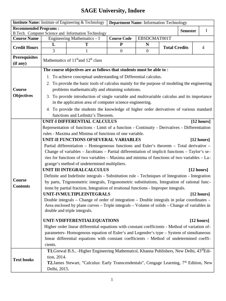 1 EBSDCMAT001T Engineering Mathematics-I Updated | PDF | Integral ...