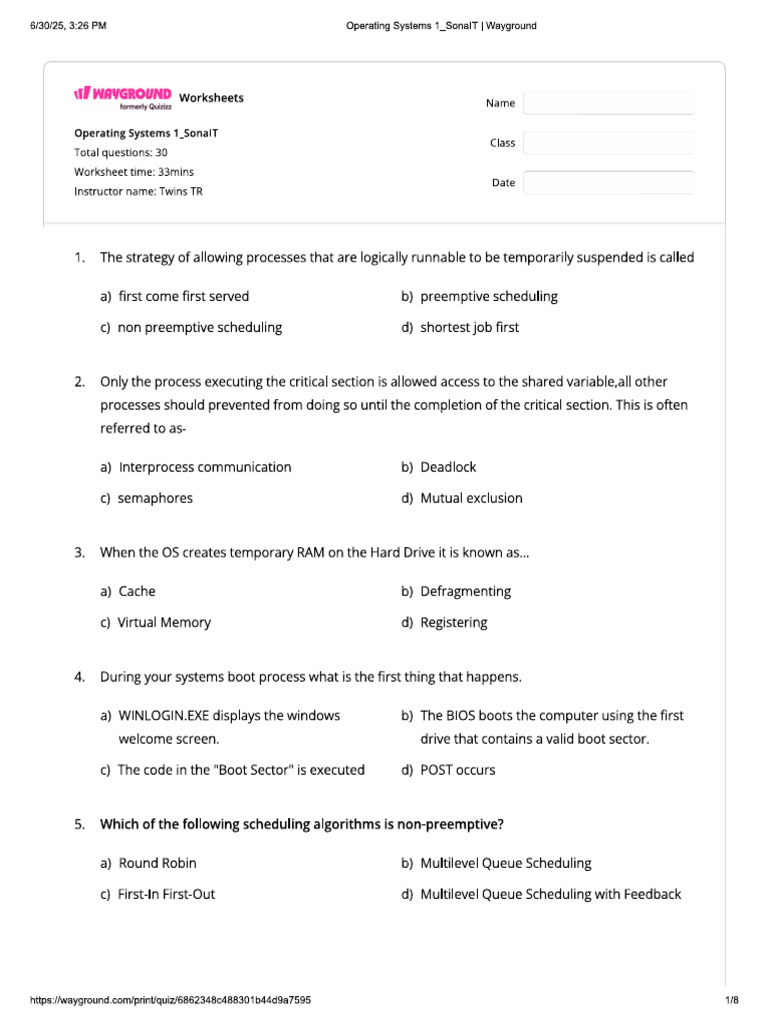 OS Assess Key MCQ Worksheet | PDF