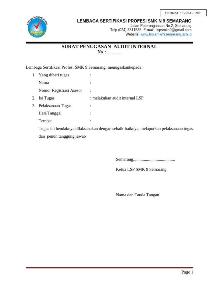 Surat Tugas Audit Internal LSP SMK 9 | PDF